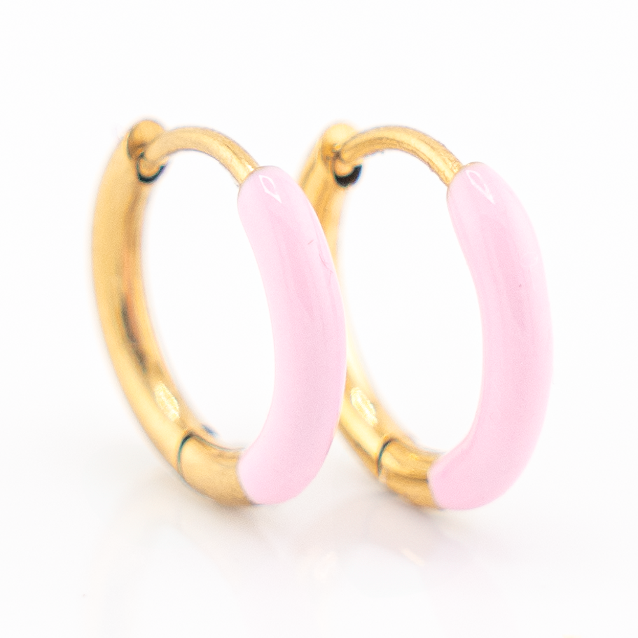 8mm Steel 18K Gold-Plated Half-Dip Pink Enamel Hoops – Merigold Kids